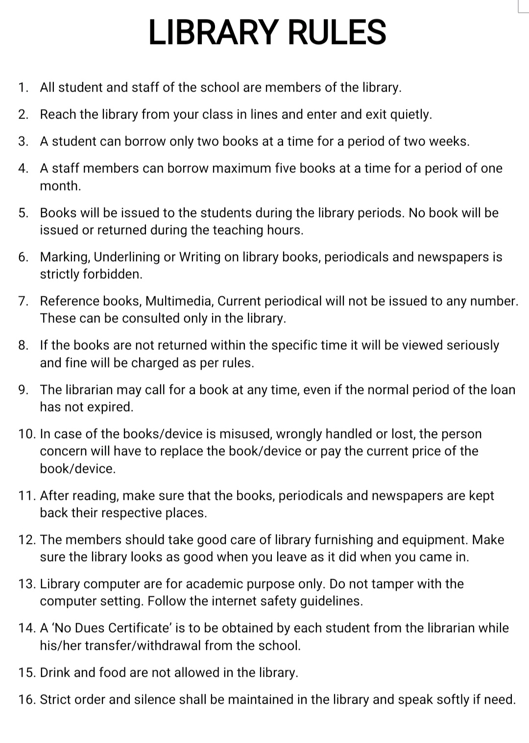 Library Rules – Library KV Nalgonda